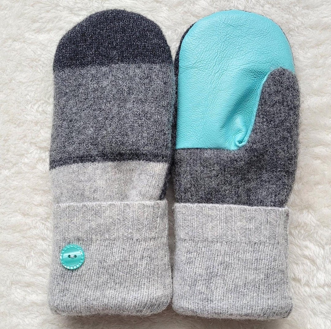 XS Aqua Leather and Grey Lambswool Driving Mittens - Etsy
