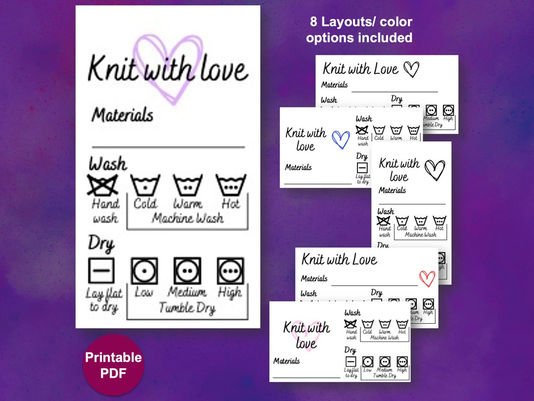 Knit With Love Printable Care Cards, Printable Knitting Care Labels ...
