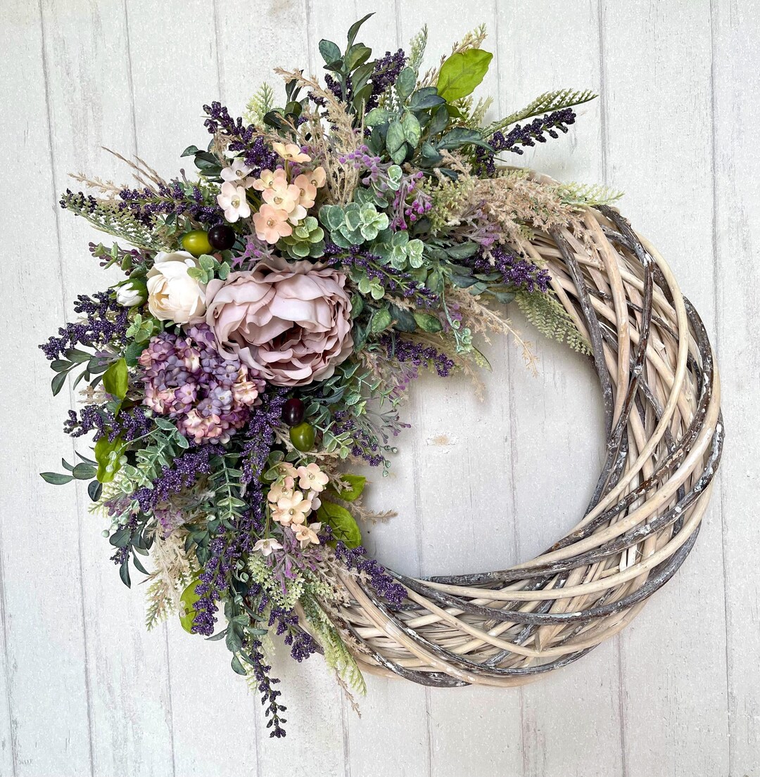Lavender Grey Rattan Willow Spring Wreath, Peony Lilac Year Round ...