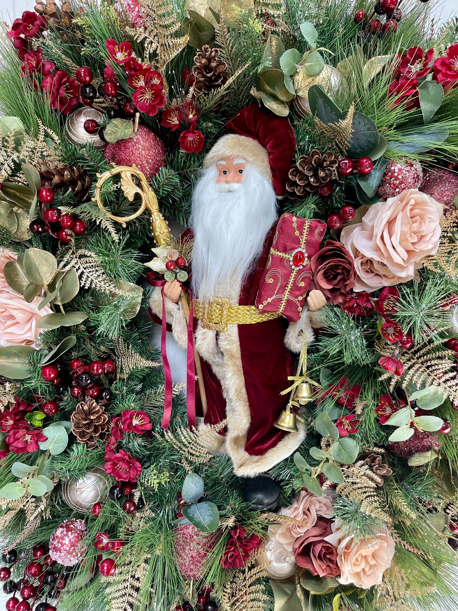 40 Vintage Santa Christmas Wreath Burgundy Victorian Christmas Mantel ...