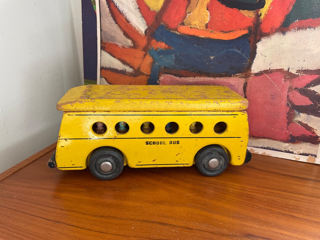 Vintage Collectible Seaver Toy Wooden Yellow Bus With Passengers - Etsy