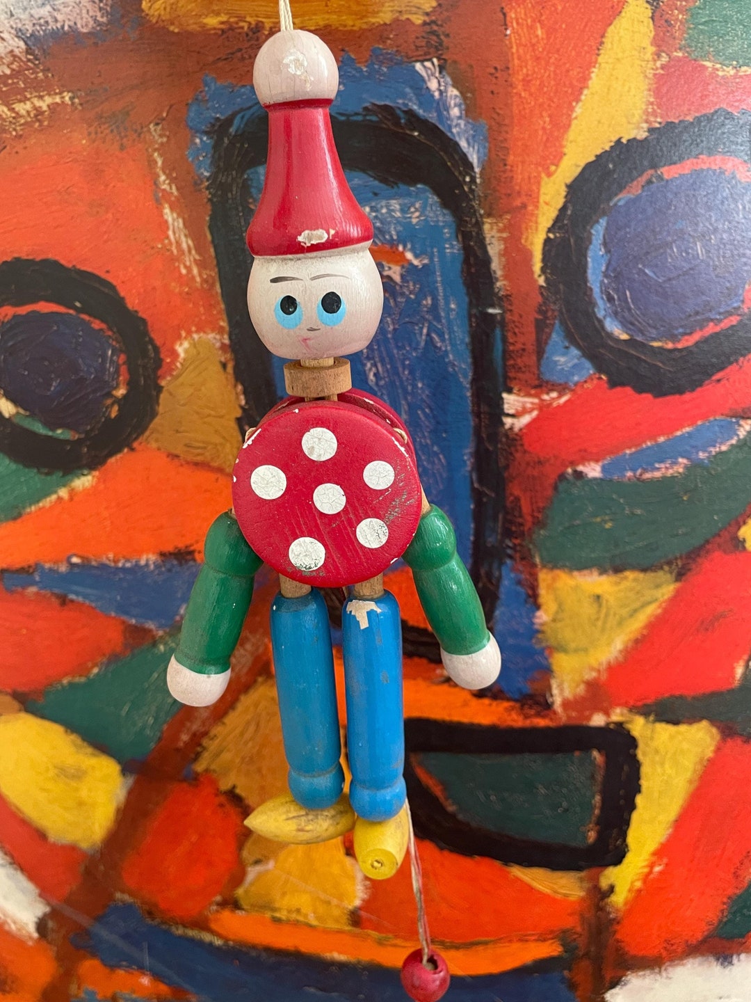 Vintage Colorful Wood String Clown Toy/decor - Etsy