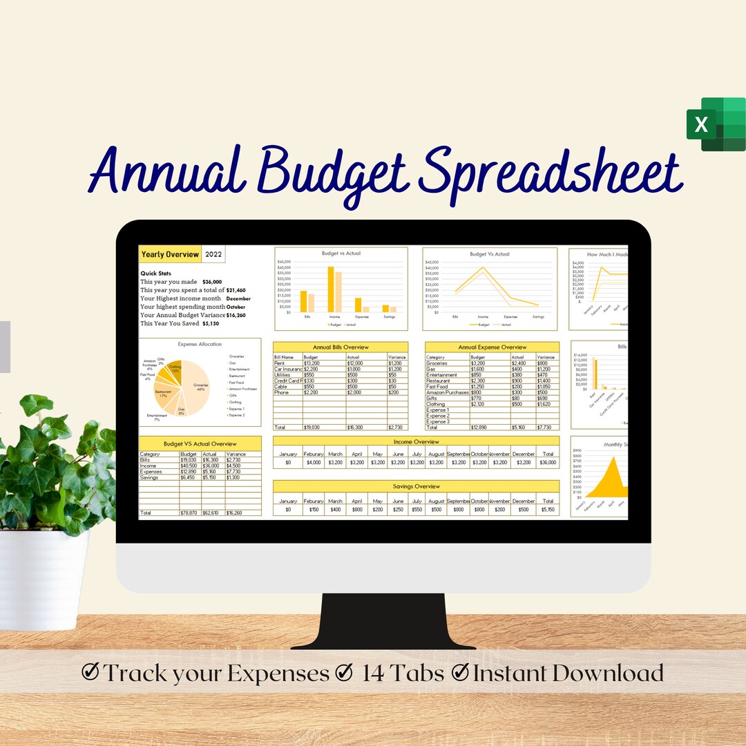 Annual Budget Spreadsheet | Excel Finance Template| Monthly Budget ...