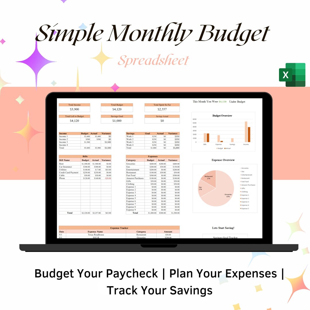 Simple Monthly Budget Spreadsheet, Financial Planner, Excel Budget ...