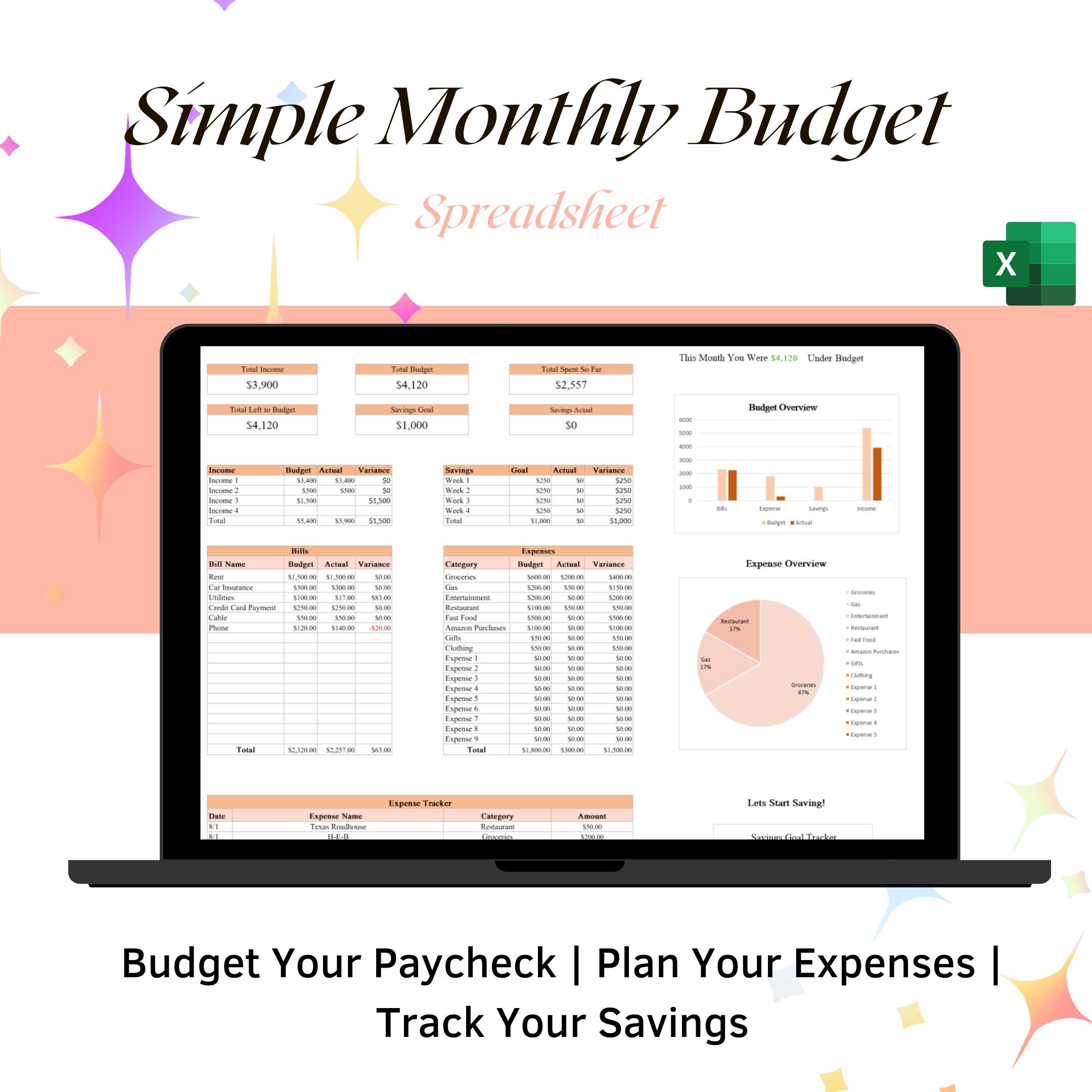 Simple Monthly Budget Spreadsheet, Financial Planner, Excel Budget ...