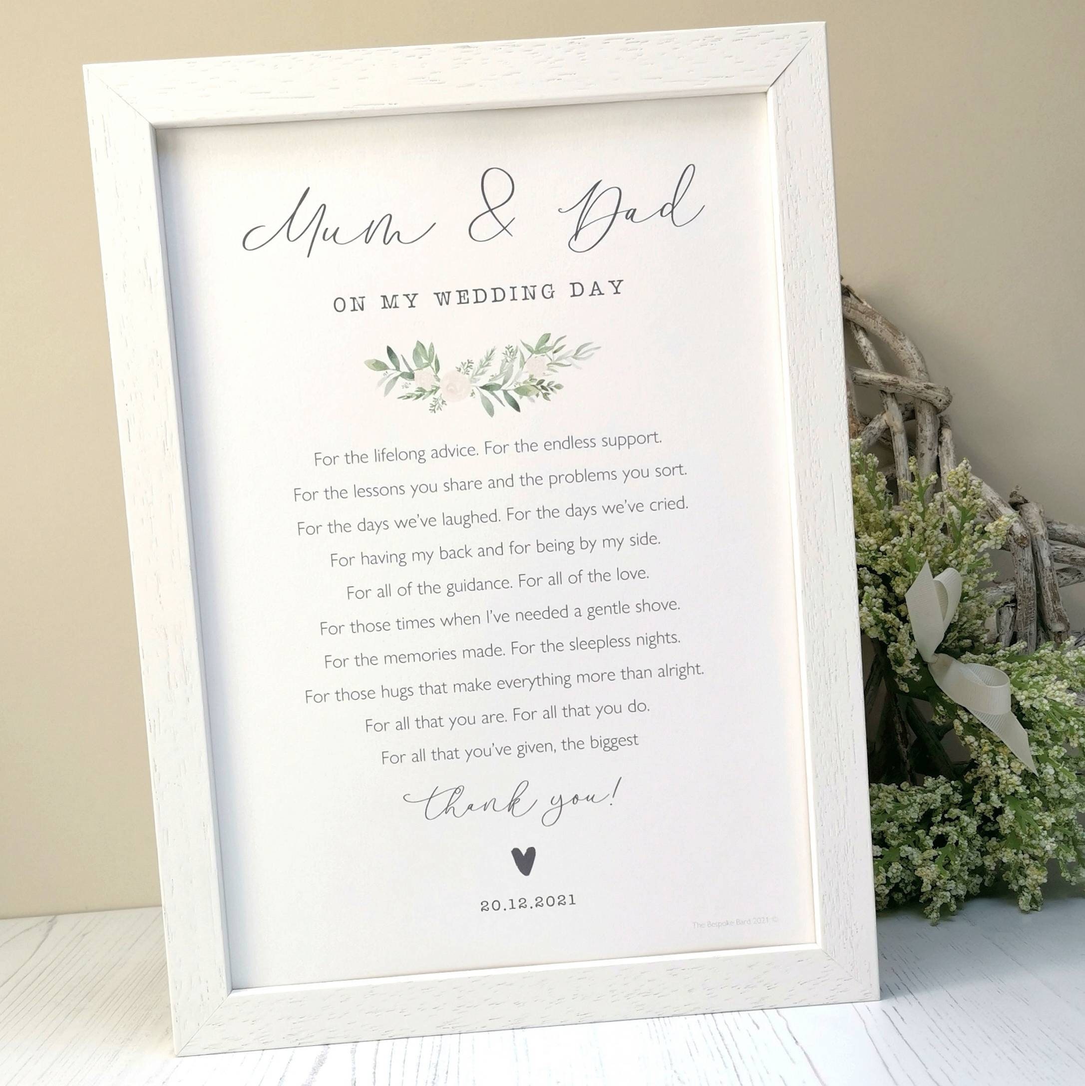 To My Mum, Dad, Parents on My Wedding Day UNFRAMED Poem Print. Mother ...