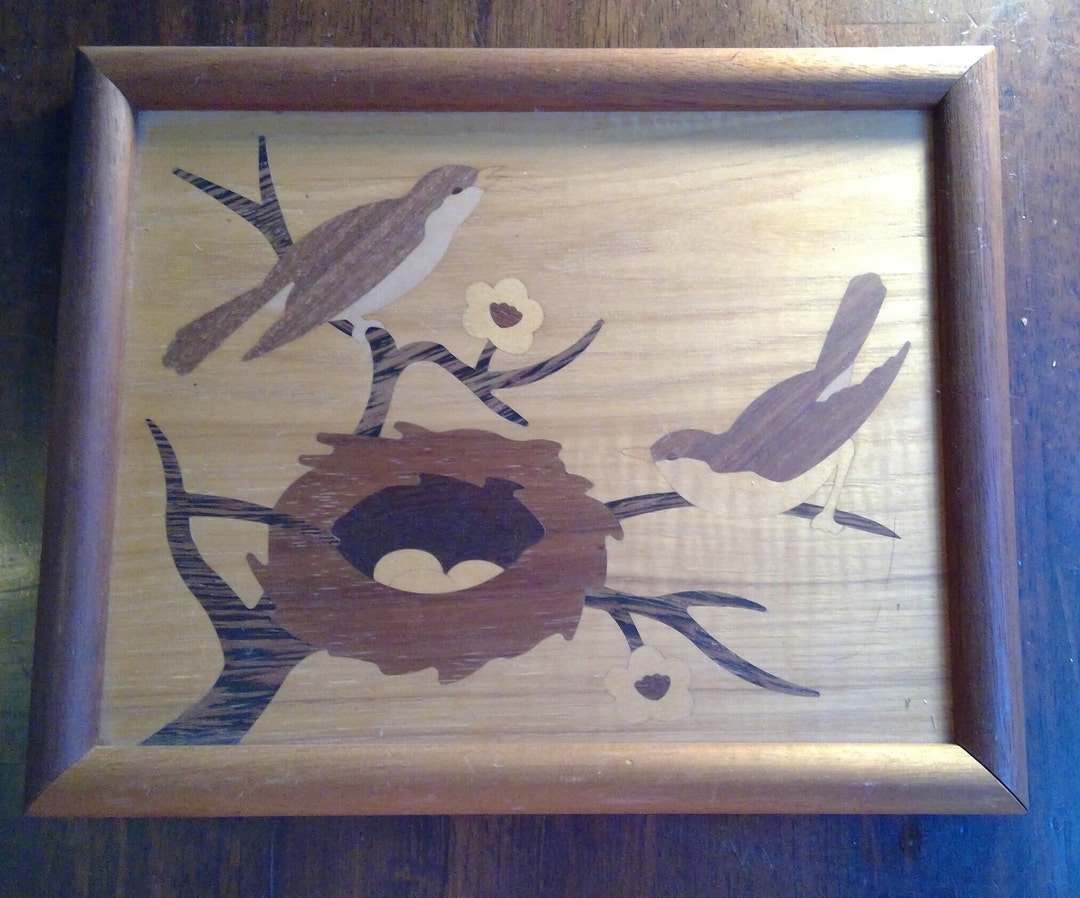 Vintage Marquetry Wood Inlay Birds and Nest for Wall. Adorable and ...