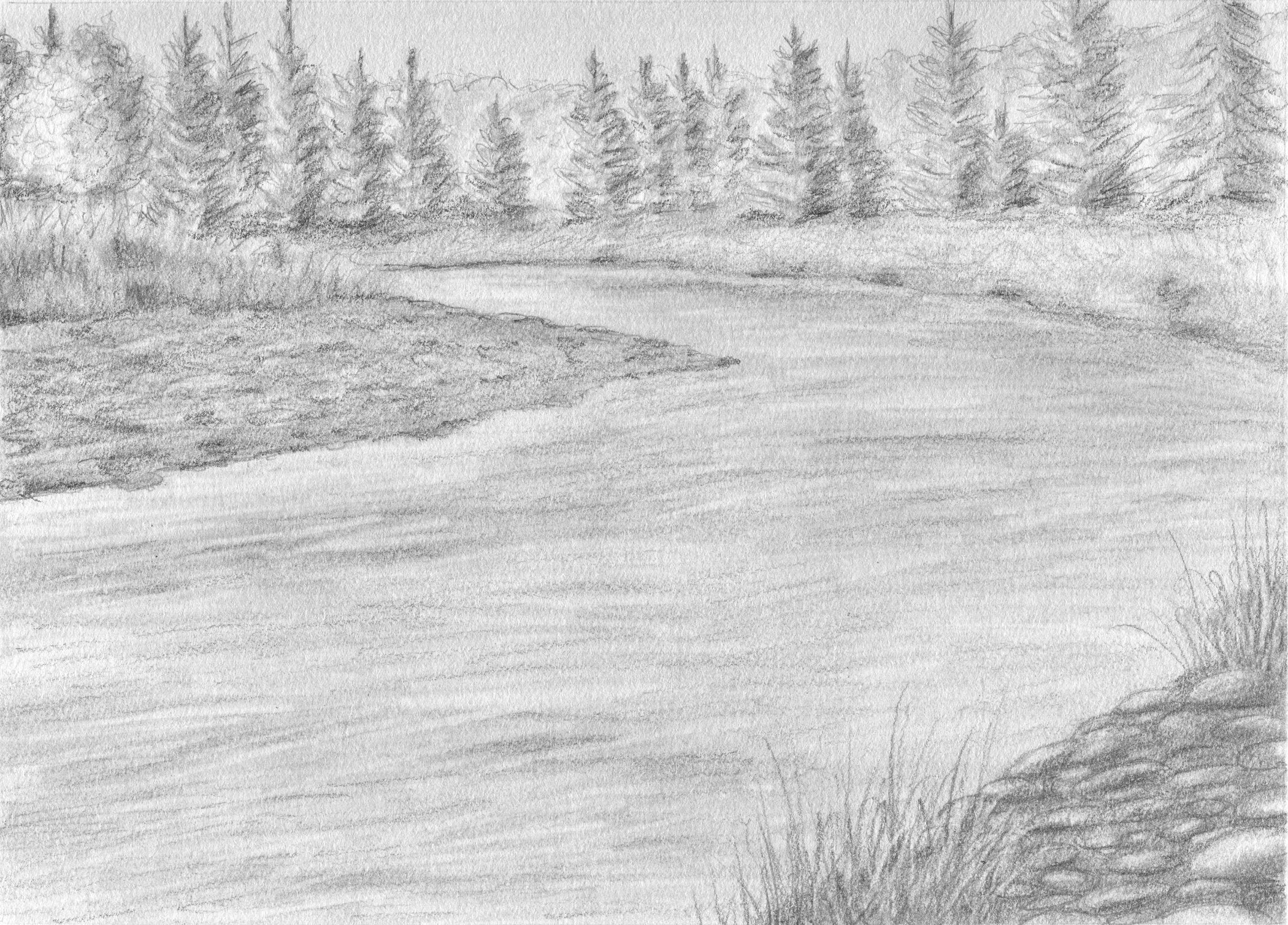 River Drawing - River Art - River Artwork - Landscape Art - Original ...