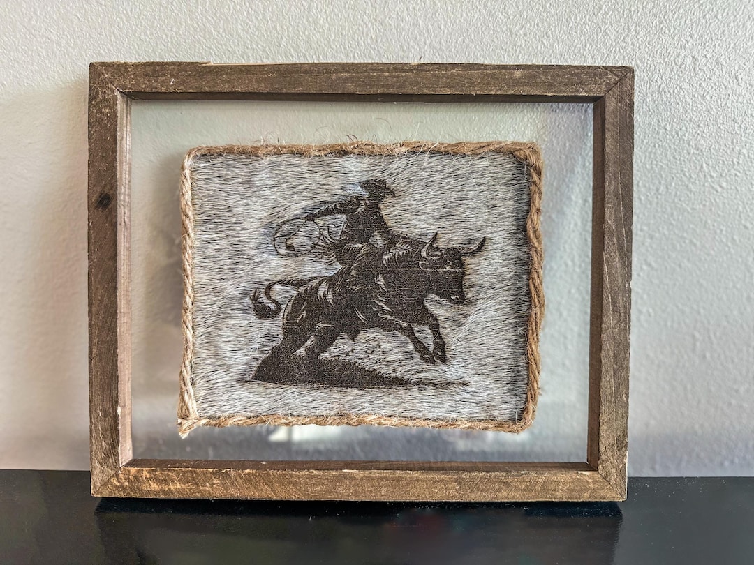 Bull Rider Cowhide Home Decor, Laser Engraved Cowhide, Cowhide Wall ...