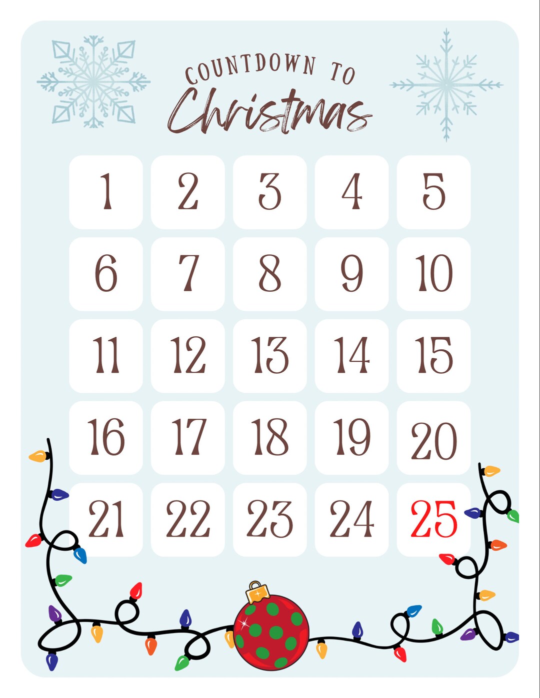 Christmas Countdown PDF, Calendar Countdown, Holiday Countdown - Etsy