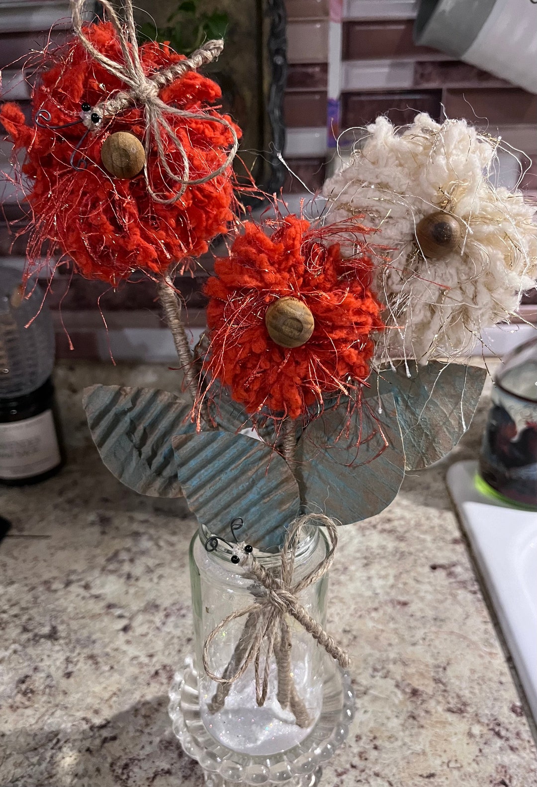 Flowers Made With Yarn, Set of 3 Flowers With Dragonfly , Wedding ...