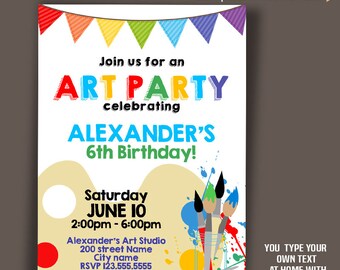 Art party invitation card template printable kids painting | Etsy