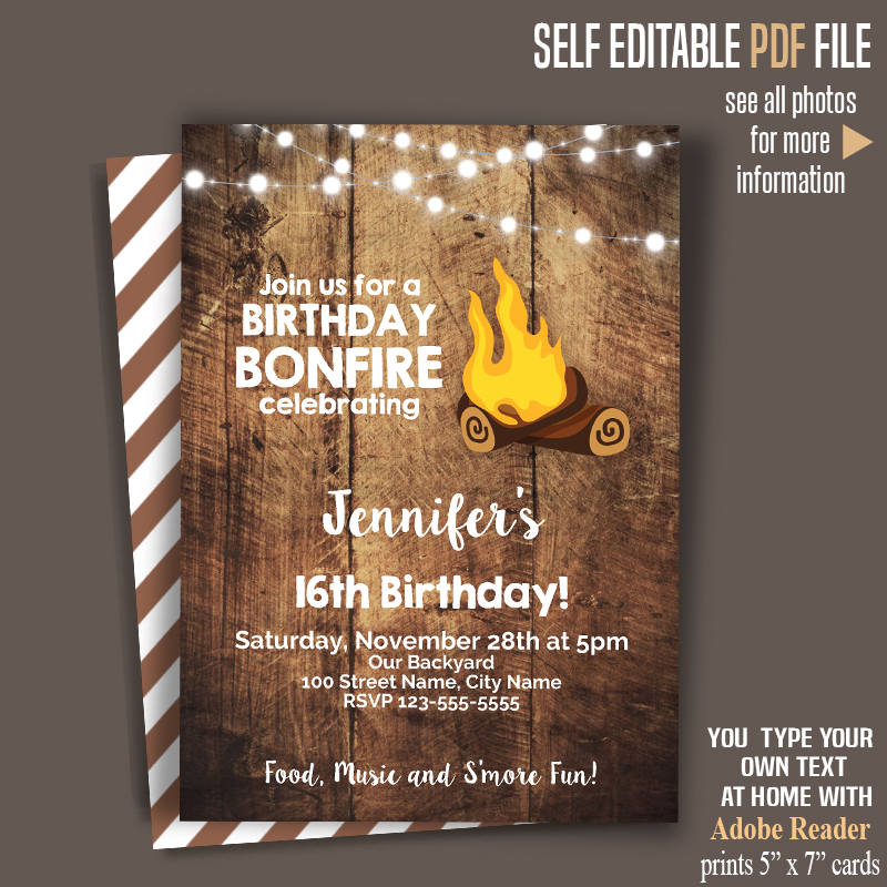 Bonfire Invitation Birthday bonfire invite Printable self | Etsy