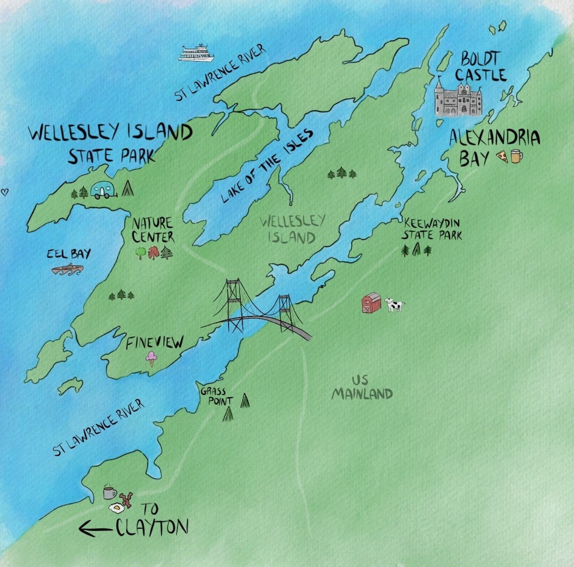 1000 Islands Map Digital Print Art Wellesley Island State Park ...