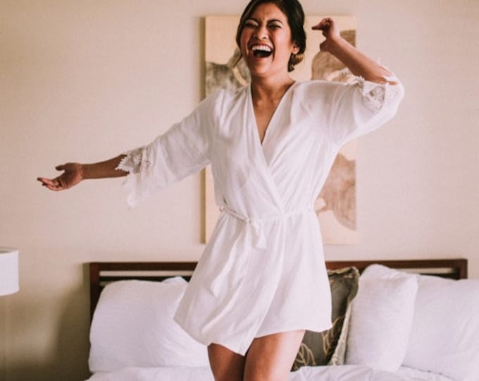 White Bridal Robe Ivory Lace Trim Wedding Robe Lace Sleeve - Etsy