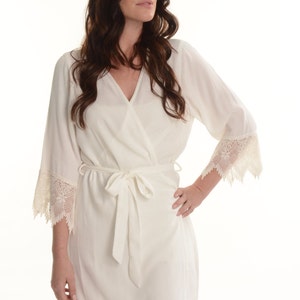 White Bridal Robe, Ivory Lace Trim Wedding Robe, Lace Sleeve Bridal ...