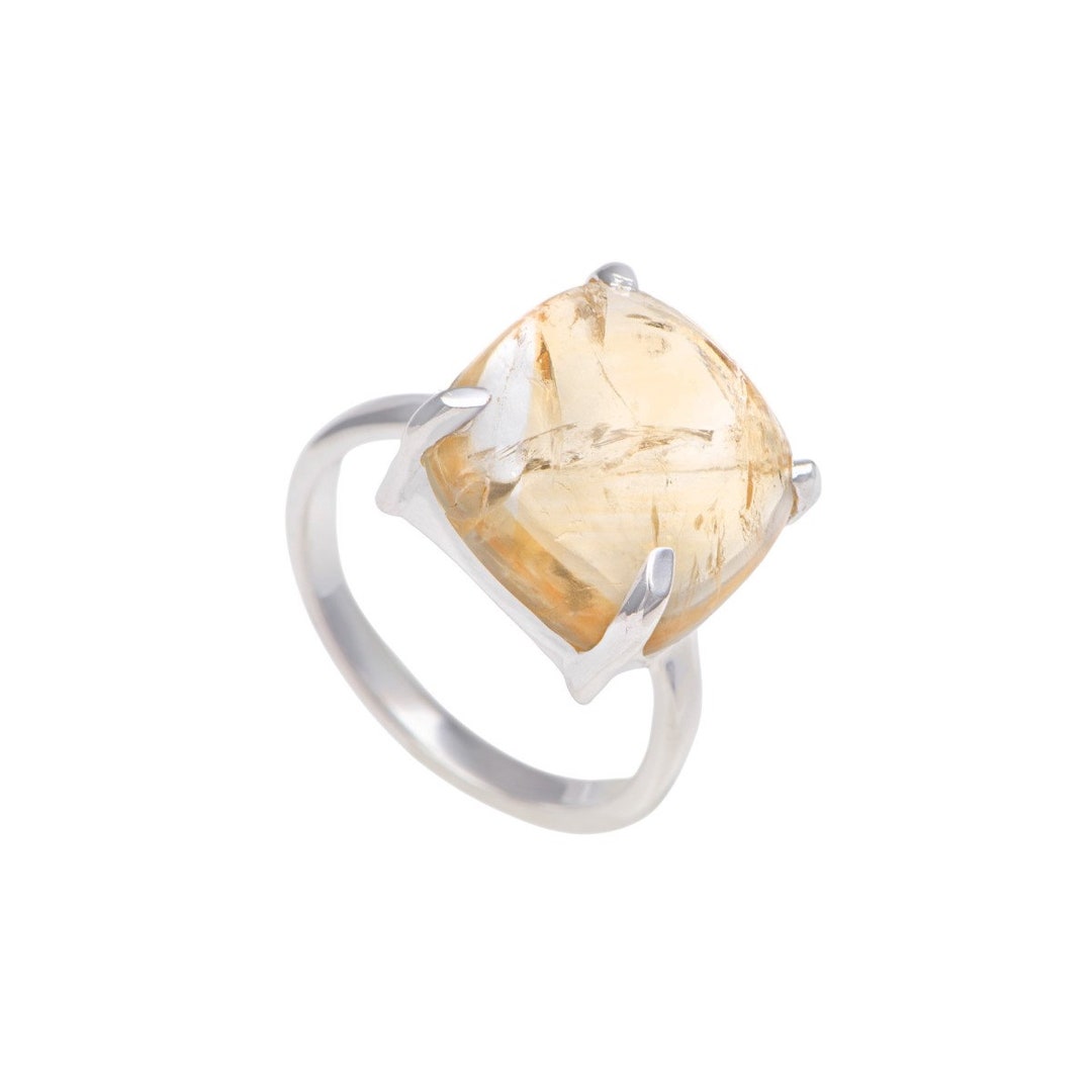 Silver Square Citrine Ring With a Cabochon Cut Gemstone in a Four Claw ...