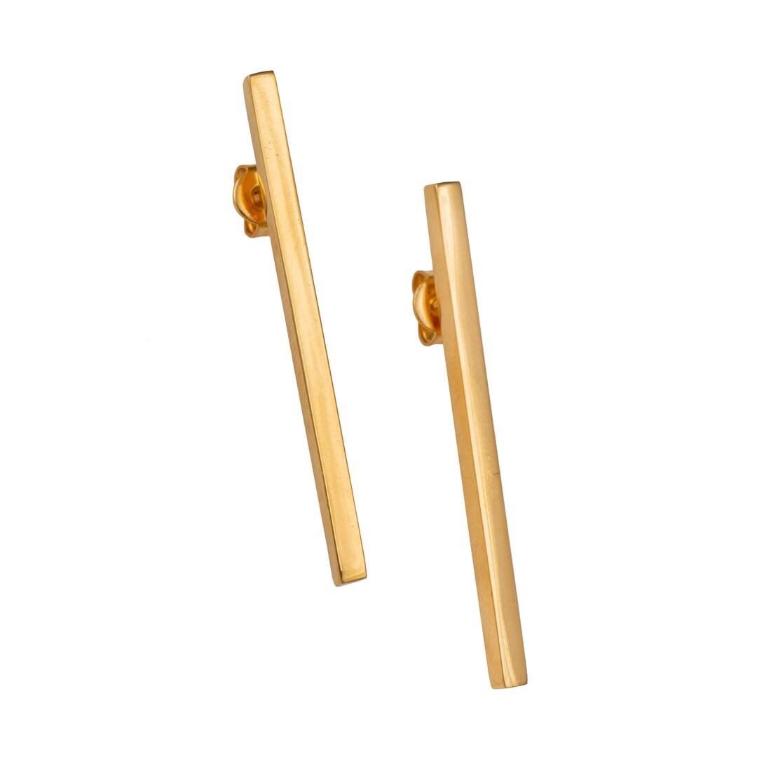 Gold Plated Sterling Silver Long Cuboid Shaped Straight Bar Earrings - Etsy
