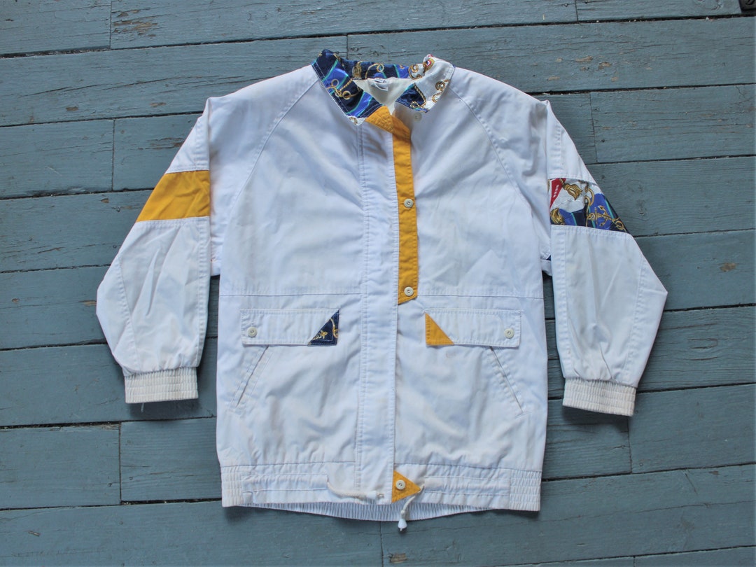 Vintage White Blue Yellow Nautical Style Zip up Button Coat With ...
