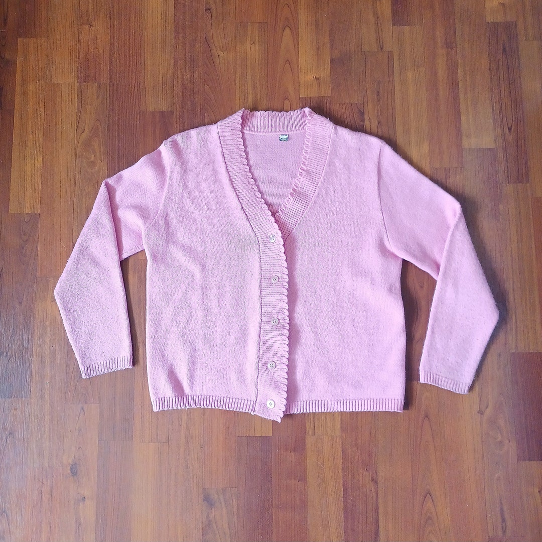 Vintage Pastel Pink Knit Button Down Cardigan With Scalloped Trim Etsy