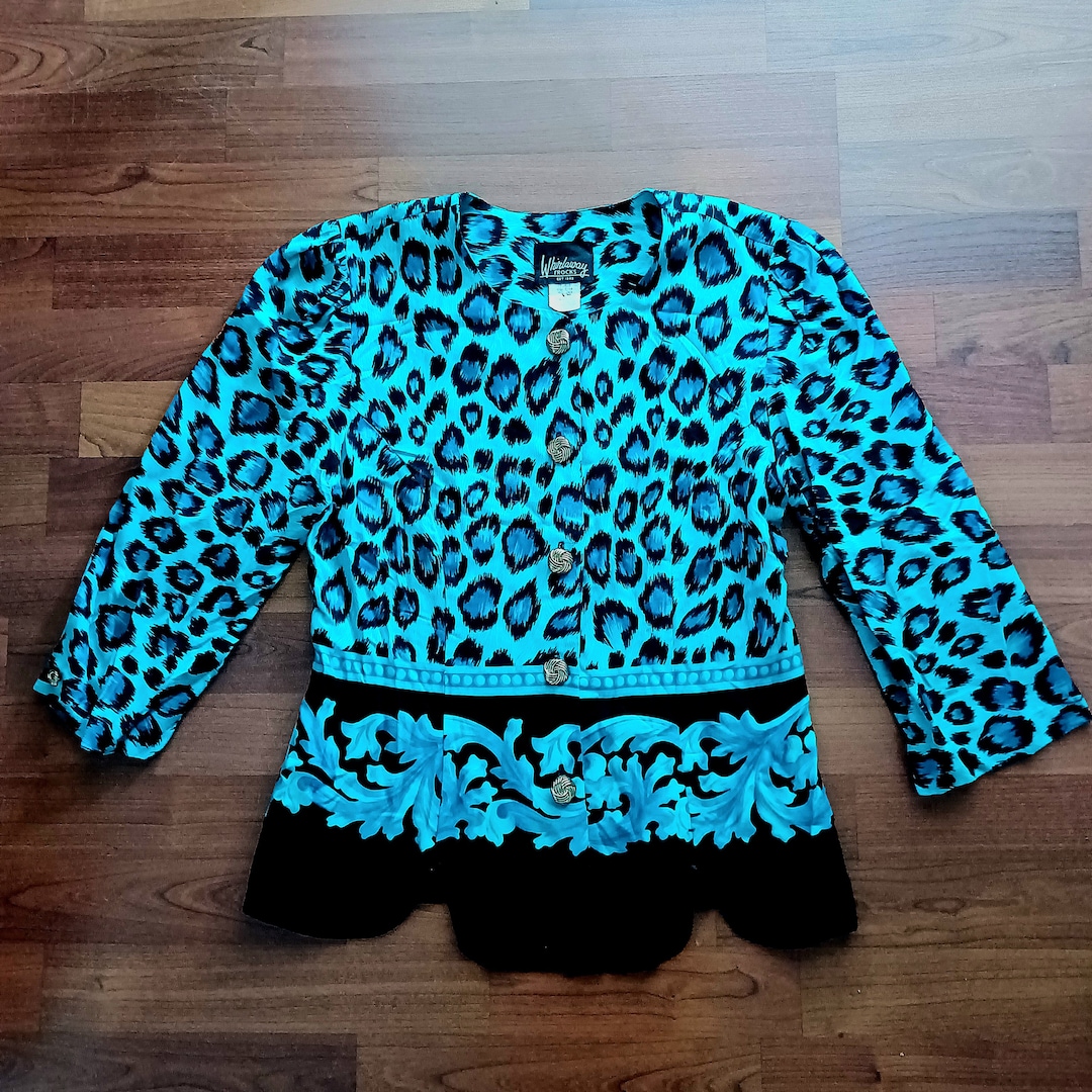 Vintage Blue and Black Leopard Print With Trim Button up Top by ...