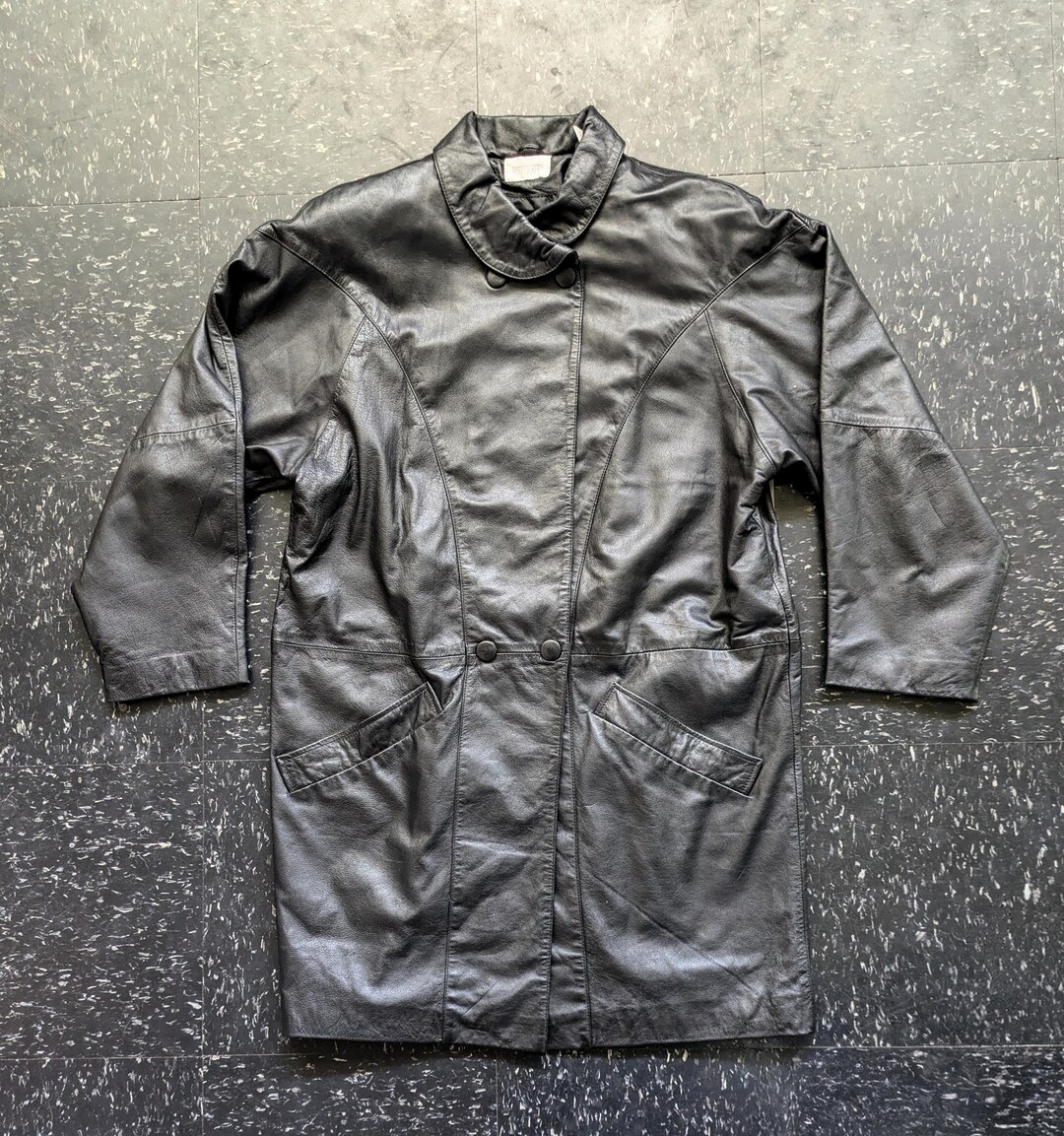 Vintage Black Leather Snap Button Overcoat Jacket M by Blair Boutique ...