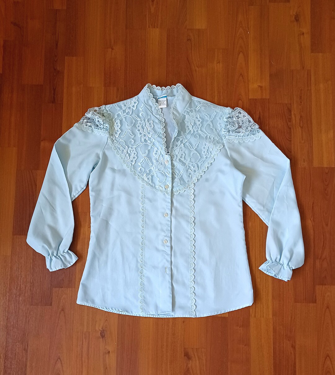 Vintage Pastel Blue Long Sleeve Button up Blouse With Lace and Peekaboo ...