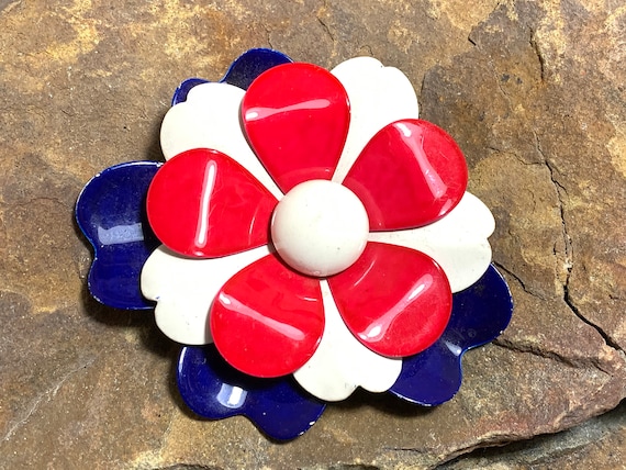 1960s Groovy Patriotic Red White & Blue Flower Enamel… - Gem