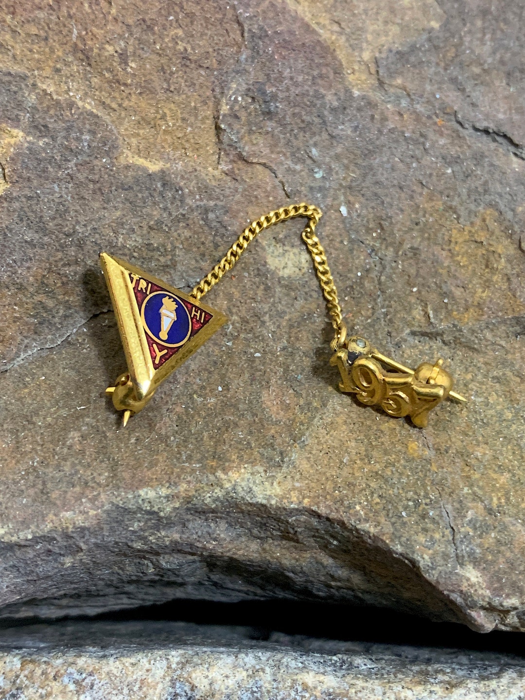 1957 Tri Hi Y Club Pin Set Cloisonné Pin Vintage High School Award ...
