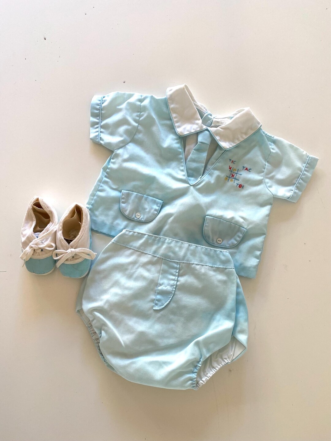 Vintage 70s Baby Boy Outfit Shirt With Faux Tie Sneakers Plastic Lined ...