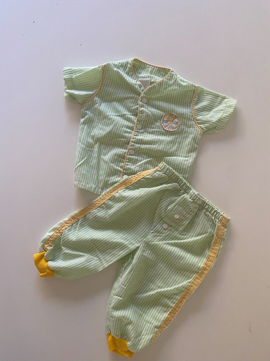 80s Baby Baseball Uniform Outfit Green Yellow Seersucker JC Penney ...
