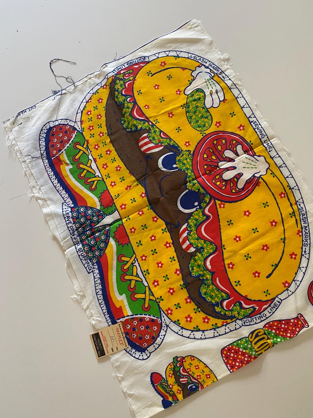 Vintage 70s "hamburger" Pillow Sewing Project Fabric Funny Kids ...