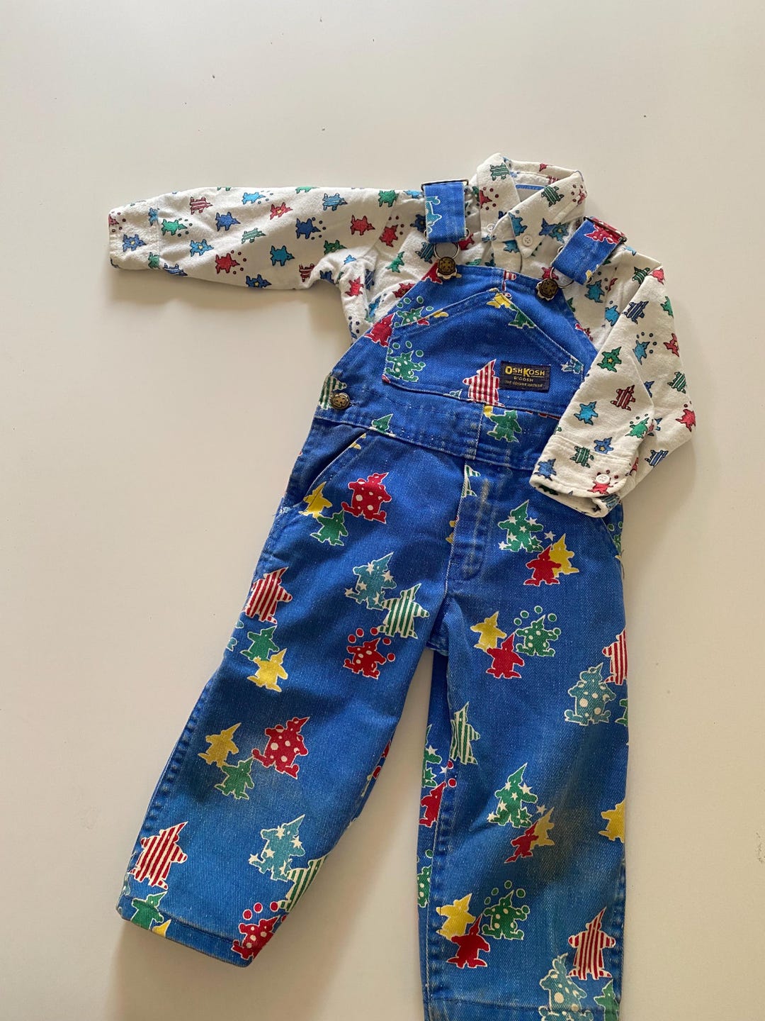 Vintage 80s Oshkosh "clown" Print Overalls and Flannel Shirt Osh Kosh B ...
