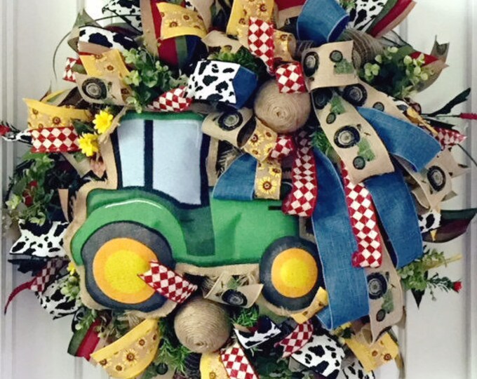 Farm Wreath, Farm Wreath for Door, Tractor Wreath, Tractor Door Wreath ...