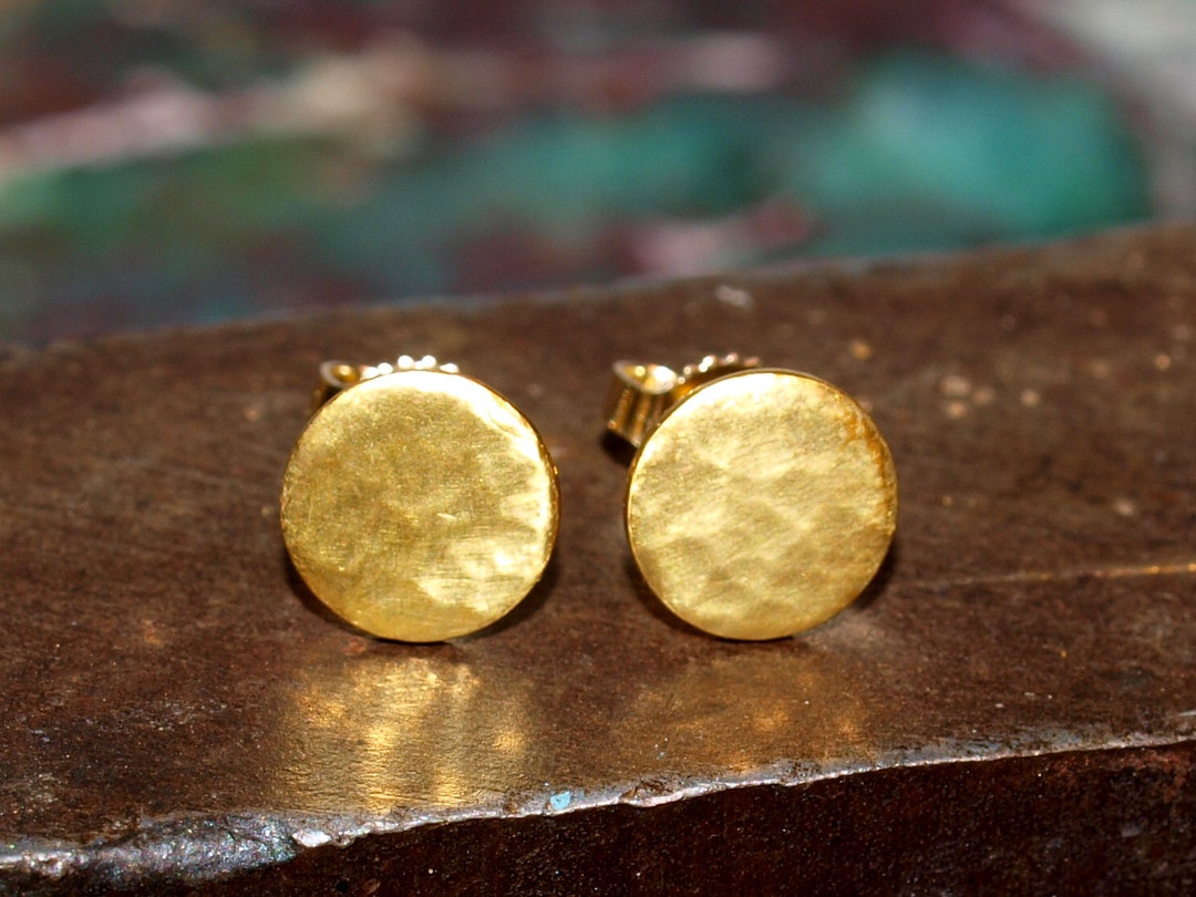 Hammered 24k Gold Stud Discs - High Purity 8mm Gold Discs - Minimalist ...