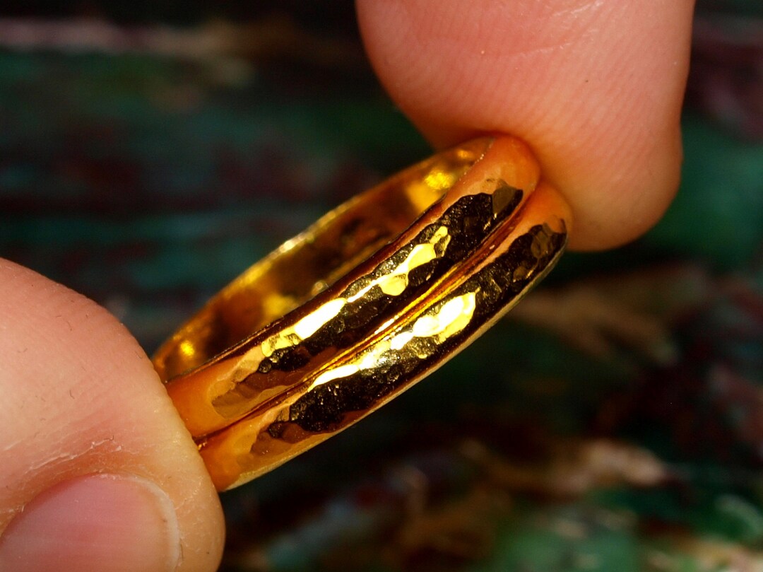 24k Double Gold Band - Solid Pure Gold - Hand Forged Hammered Half ...