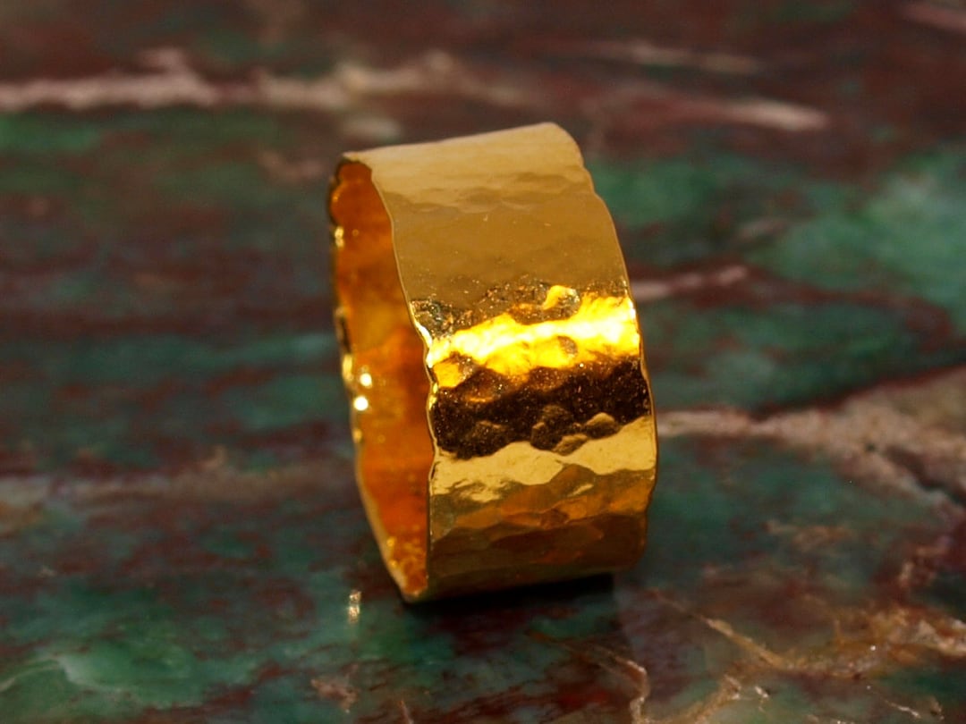 24k Gold Cigar Band Ring - 8mm Wide - Hand Forged Hammered Ring ...