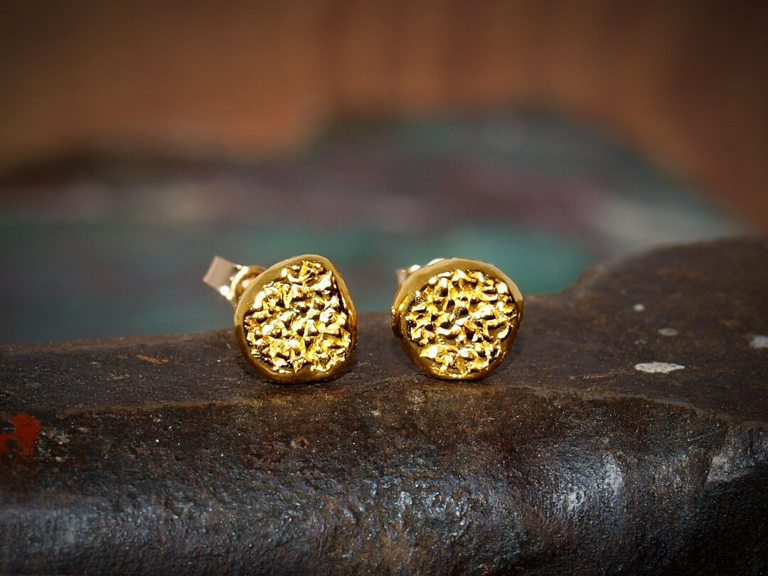 24k Gold Studs - Rough Texture - High Purity 5mm Gold Discs ...