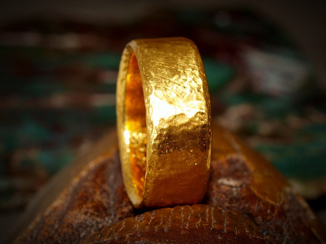 8mm Wide 24k Gold Ring - Cigar Band - Hand Forged Hammered Ring ...