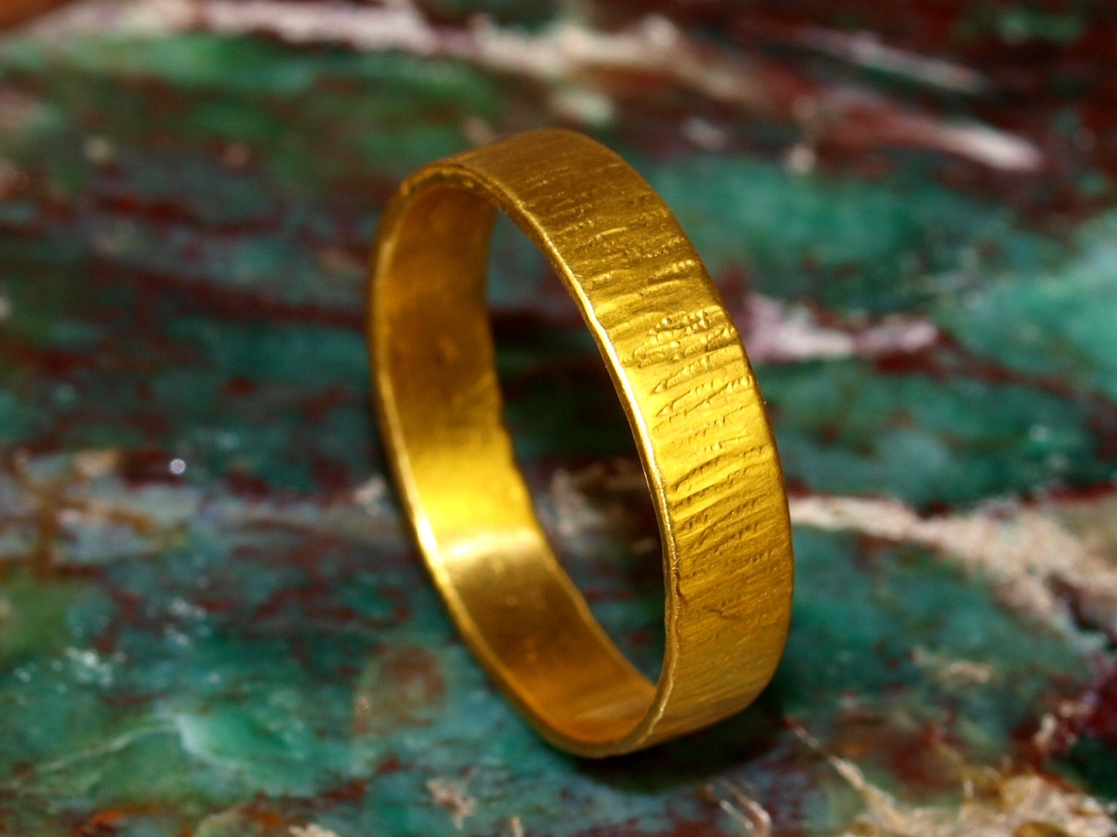 24k Gold Band - Solid Pure Gold - Hand Forged Hammered Flat Wide Ring ...
