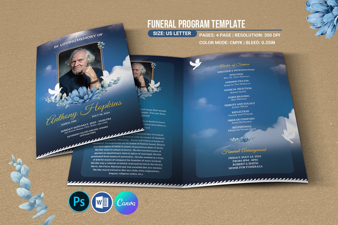 Blue Sky Funeral Program Template: Obituary Card (instant Download) - Etsy