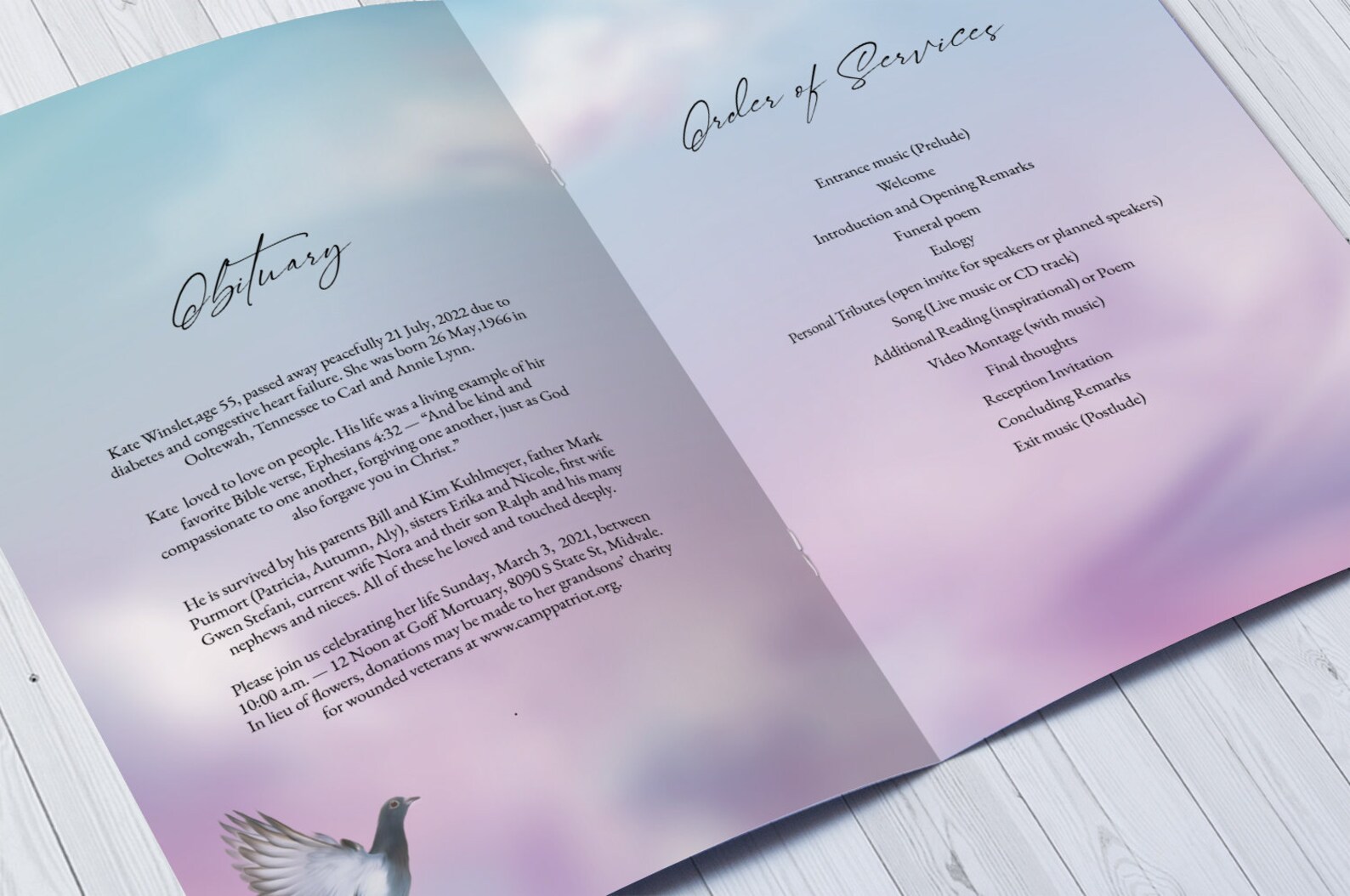 Heavenly Dove Funeral Program Template Obituary Template - Etsy