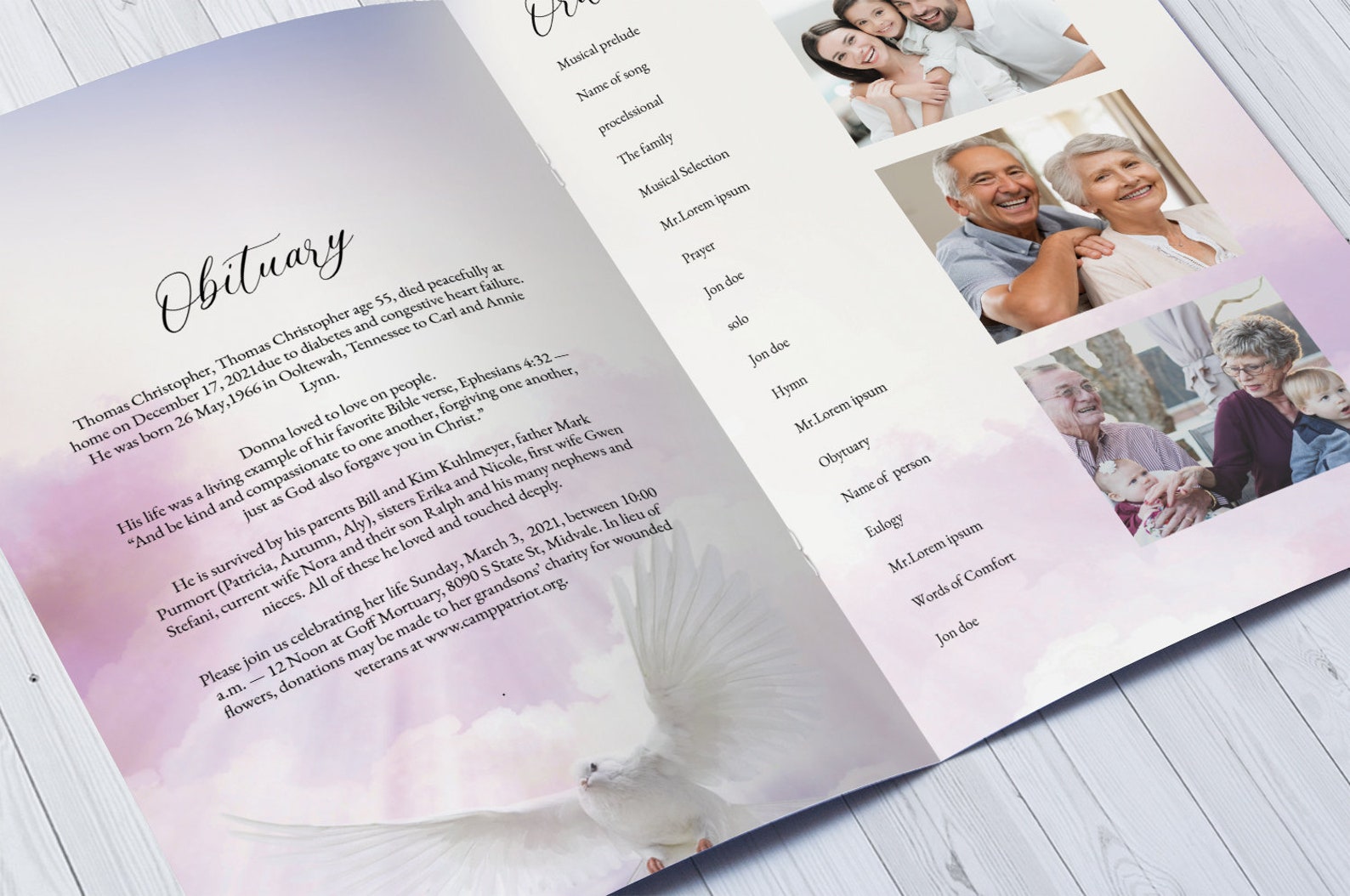 Heaven Dove Funeral Program Template Obituary Template Ms - Etsy
