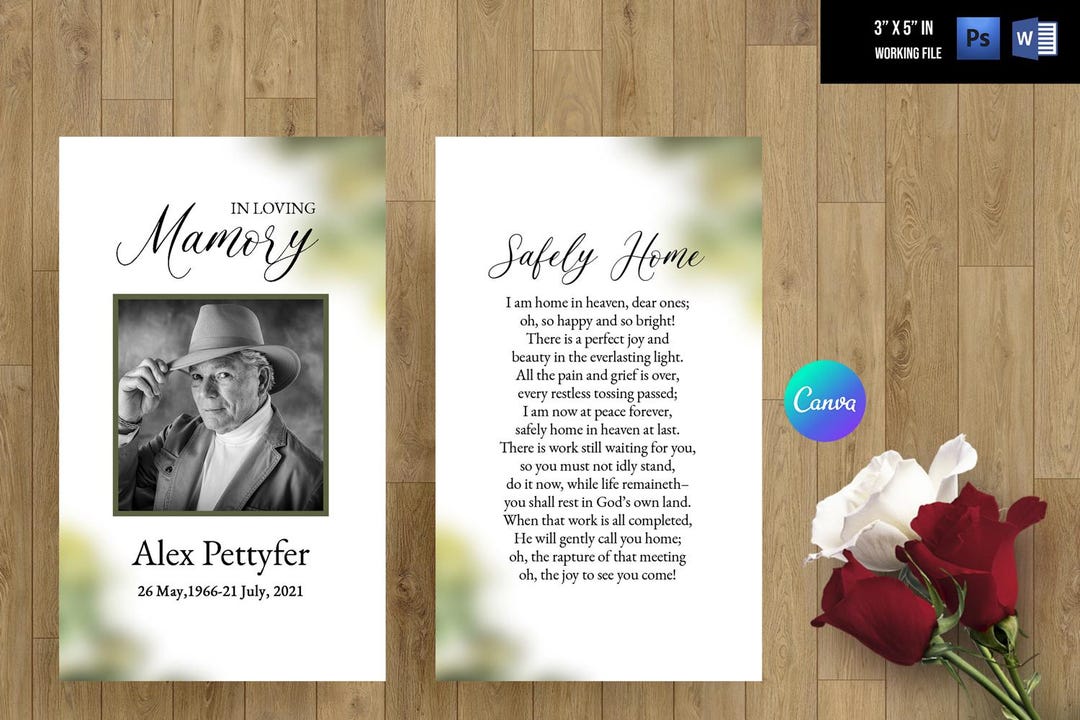 Funeral Prayer Card Template | Printable Floral Memorial Prayer Card ...