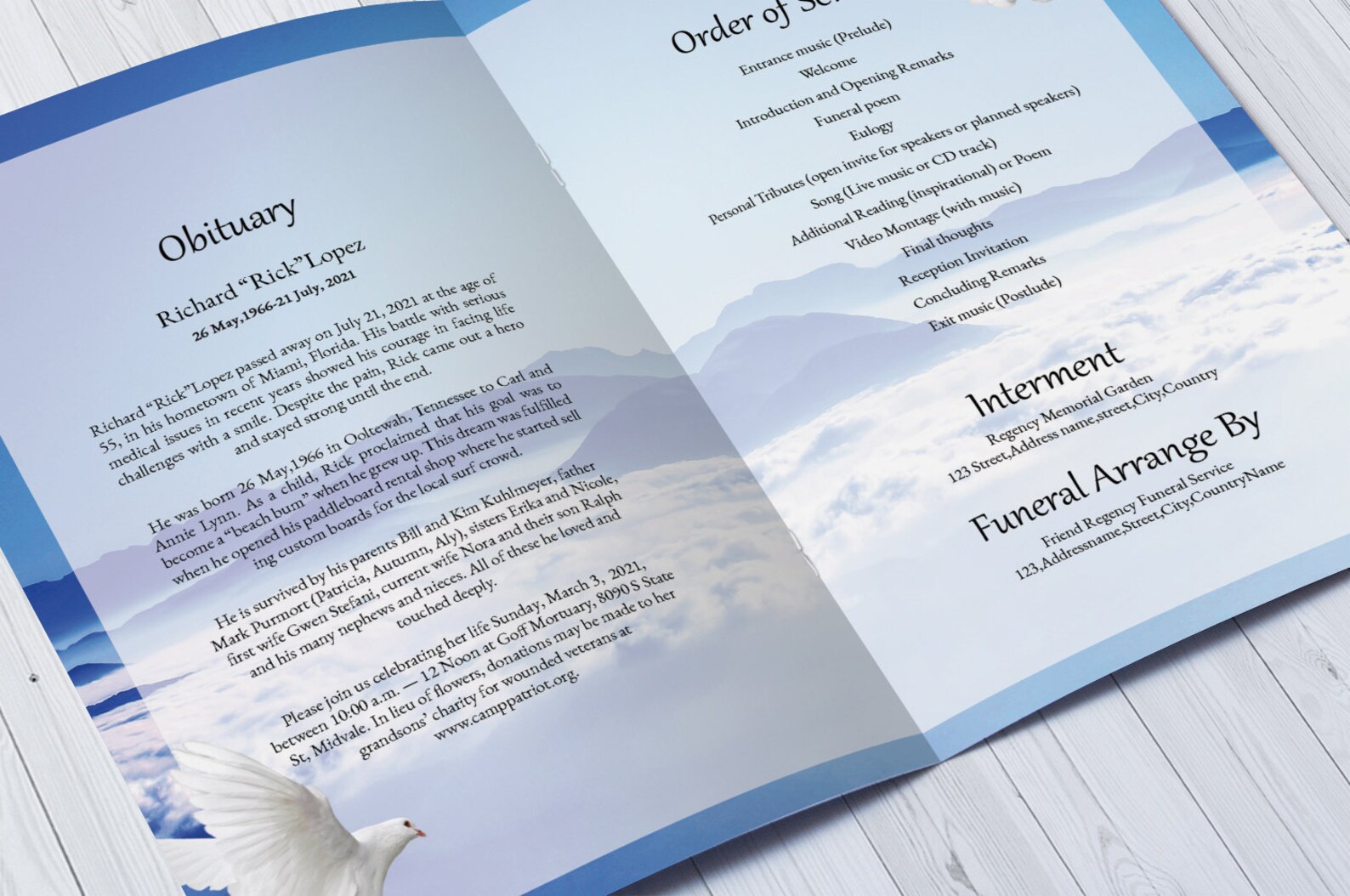 Heaven Dove Funeral Program Template Obituary Template - Etsy