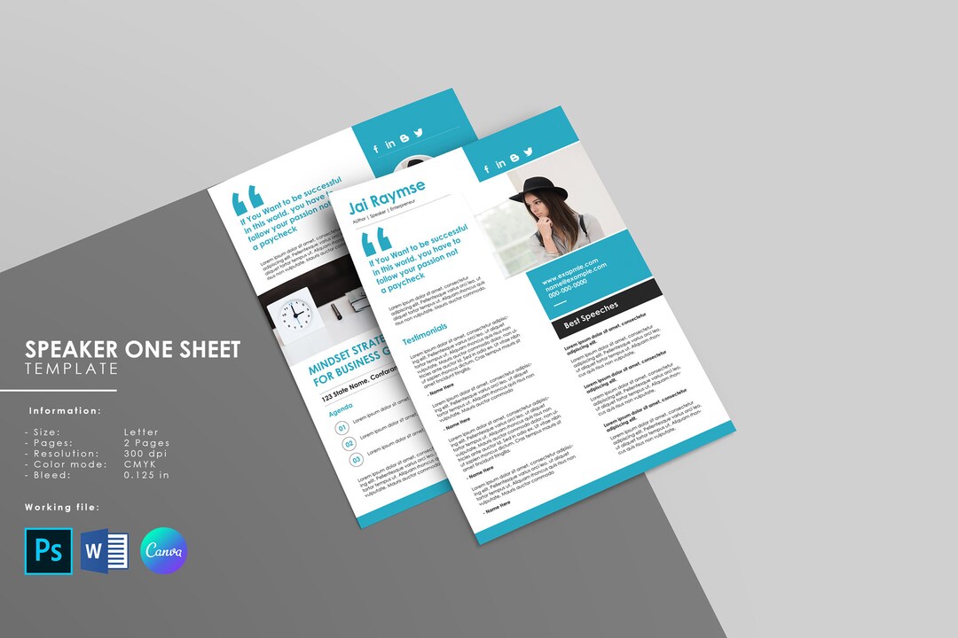Speaker One Sheet Template, Printable Photoshop , MS Word and Canva ...
