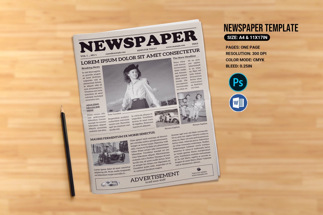 One Page Newspaper Template , Vintage Newspaper Cover Adobe Photoshop ...