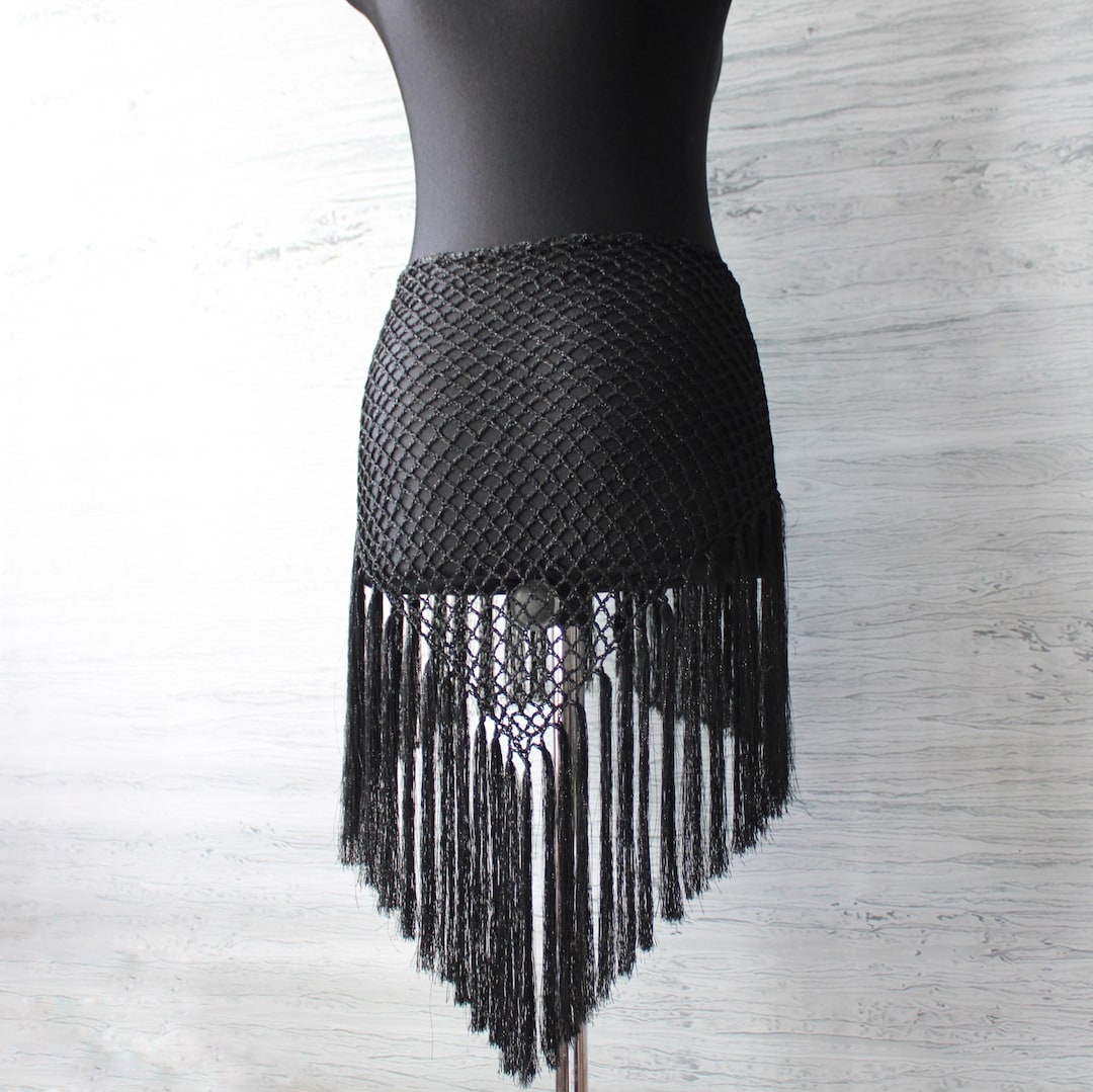 Crochet Belly Dance Hip Scarf Black Mesh Tassel Belt Tribal Fusion ATS ...