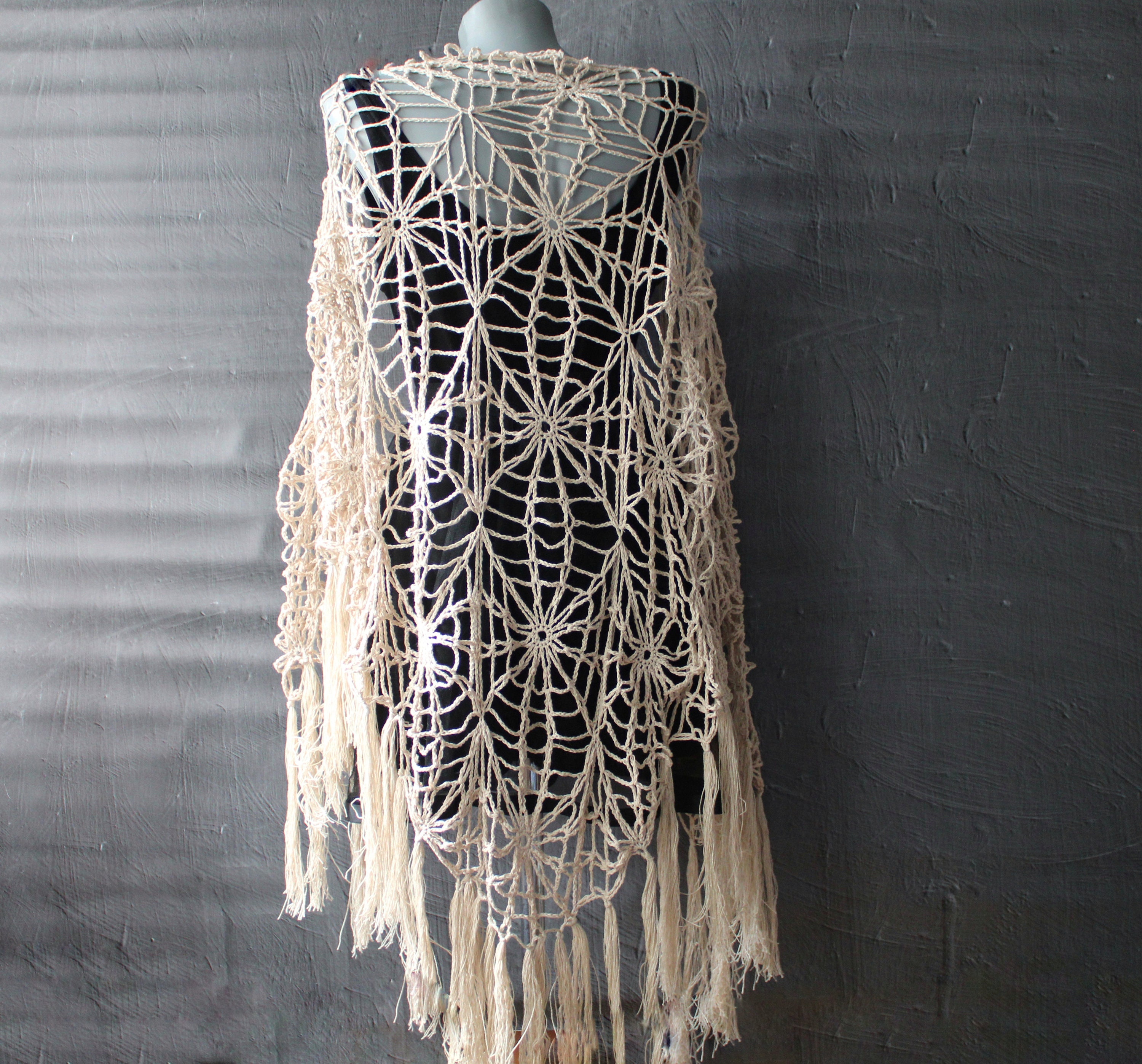 Crochet Spider Web Shawl: Organic Cotton Linen Boho Fringe Wrap - Etsy