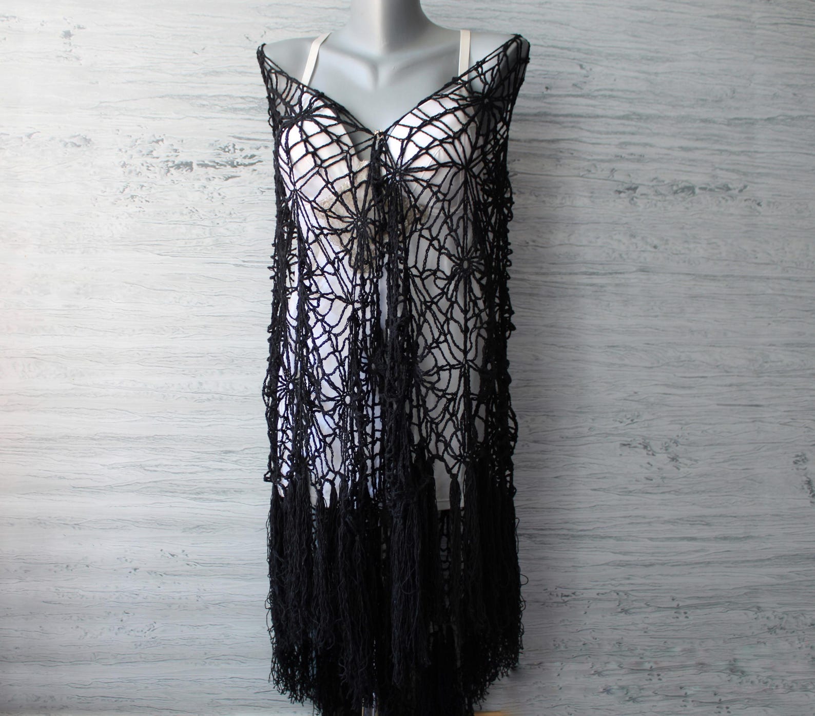 Black Fringe Shawl: Organic Cotton Spider Web Crochet Wrap Halloween ...